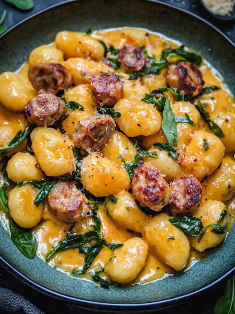 Cremige Kürbisgnocchi mit Wurst und Spinat: Ein köstliches One-Pan-Wunder